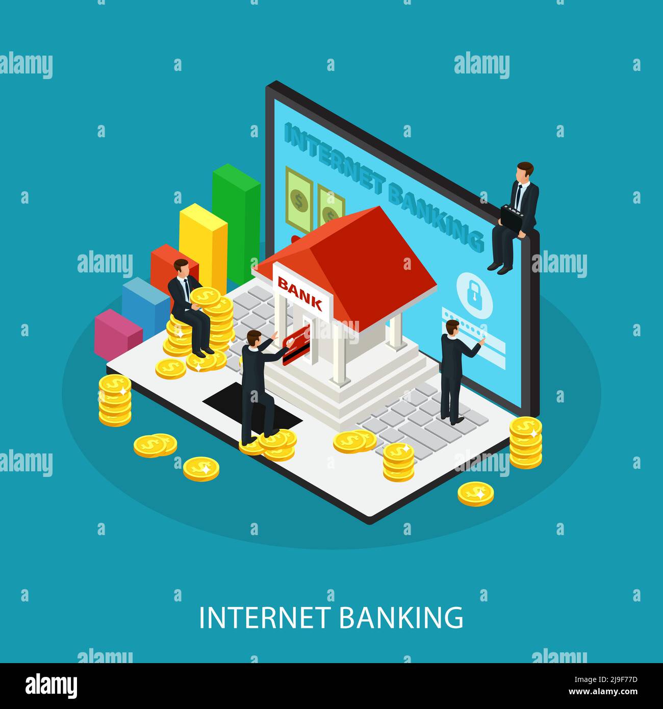 Isometric internet banking service concept with businessmen building gold coins card and graphs ...