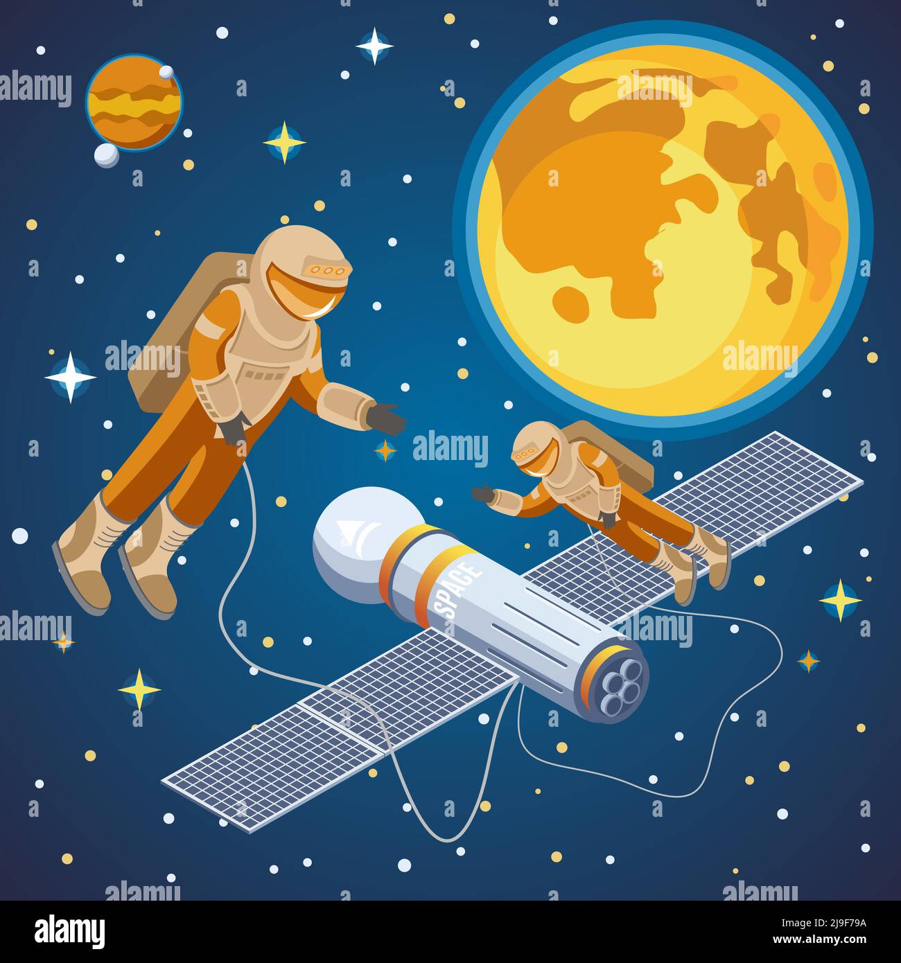 Isometric galaxy discovery background with astronauts in outer space ...