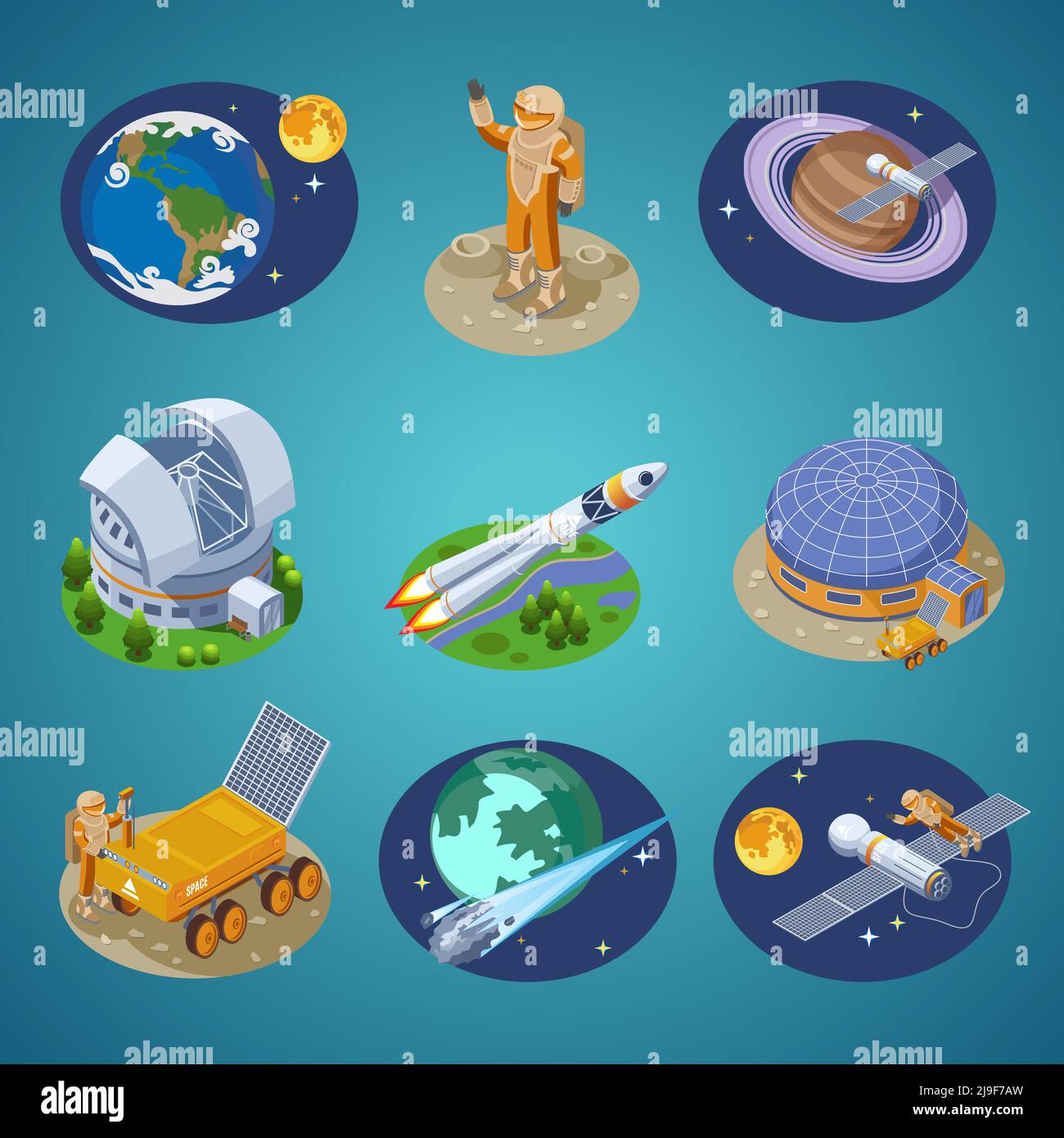 Isometric space elements set with Earth globe astronauts planets ...