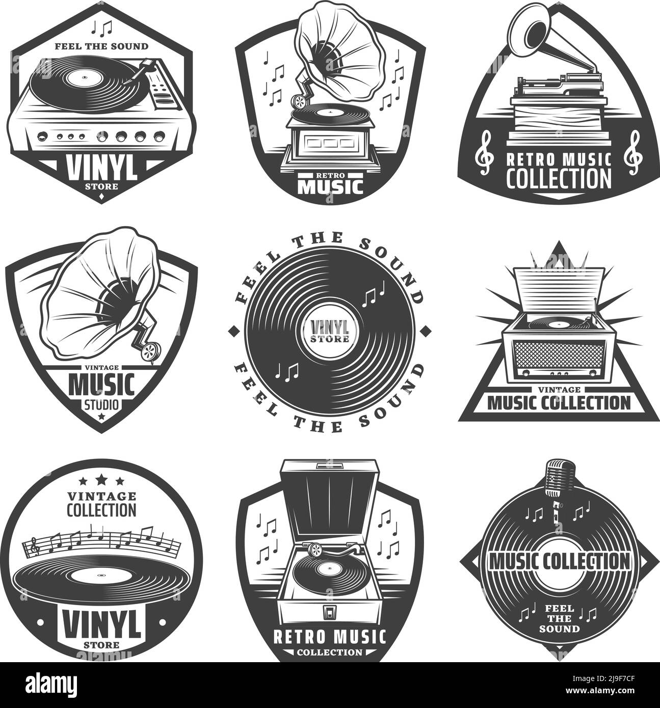 Vintage monochrome gramophone labels set with inscriptions turntable ...