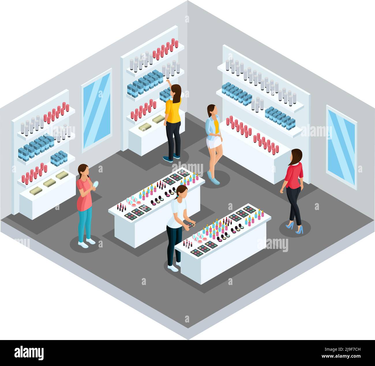 Isometric cosmetic store template with female customers and makeup ...