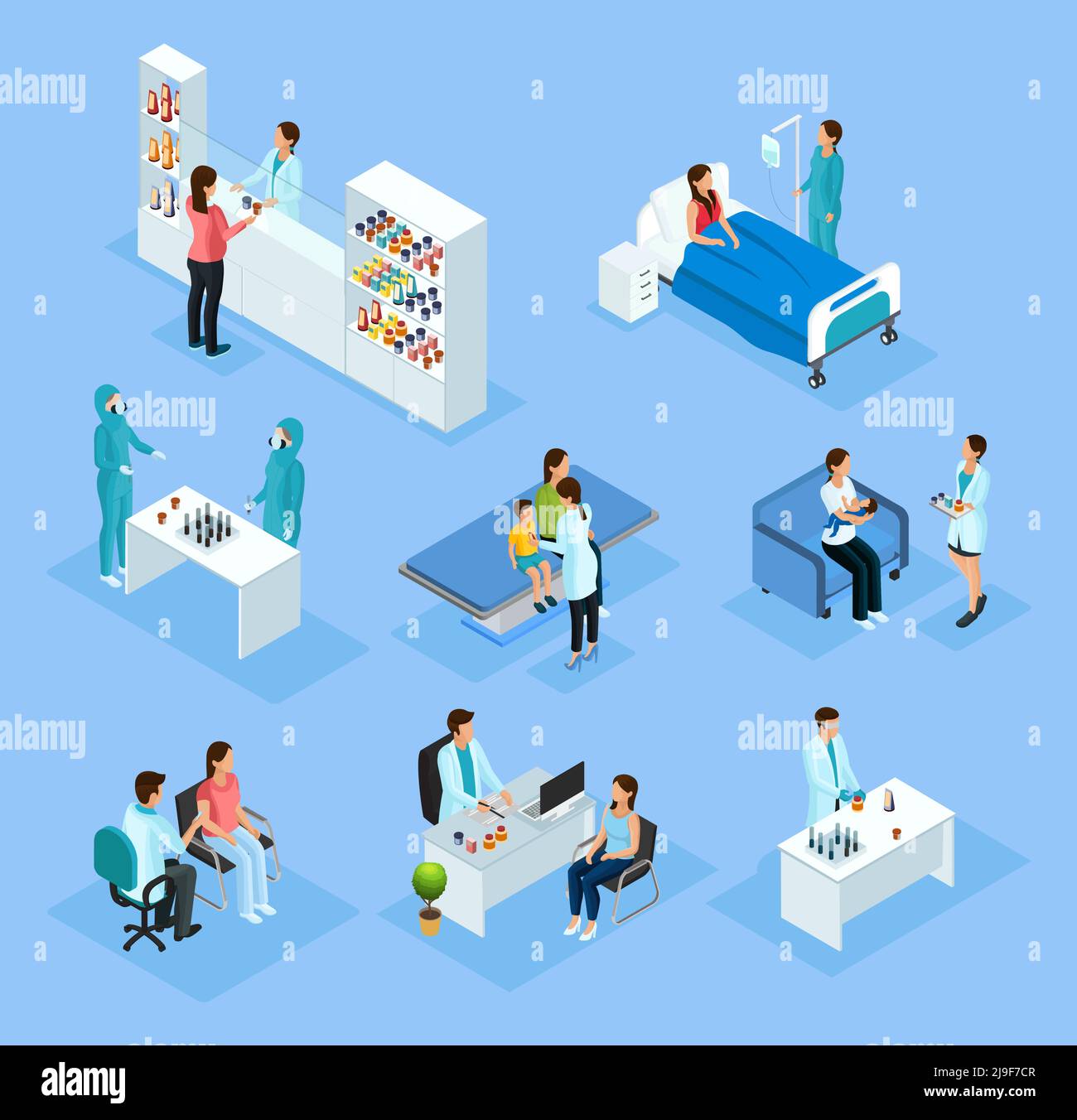 Isometric medical preparation and treatment set with doctors patients ...