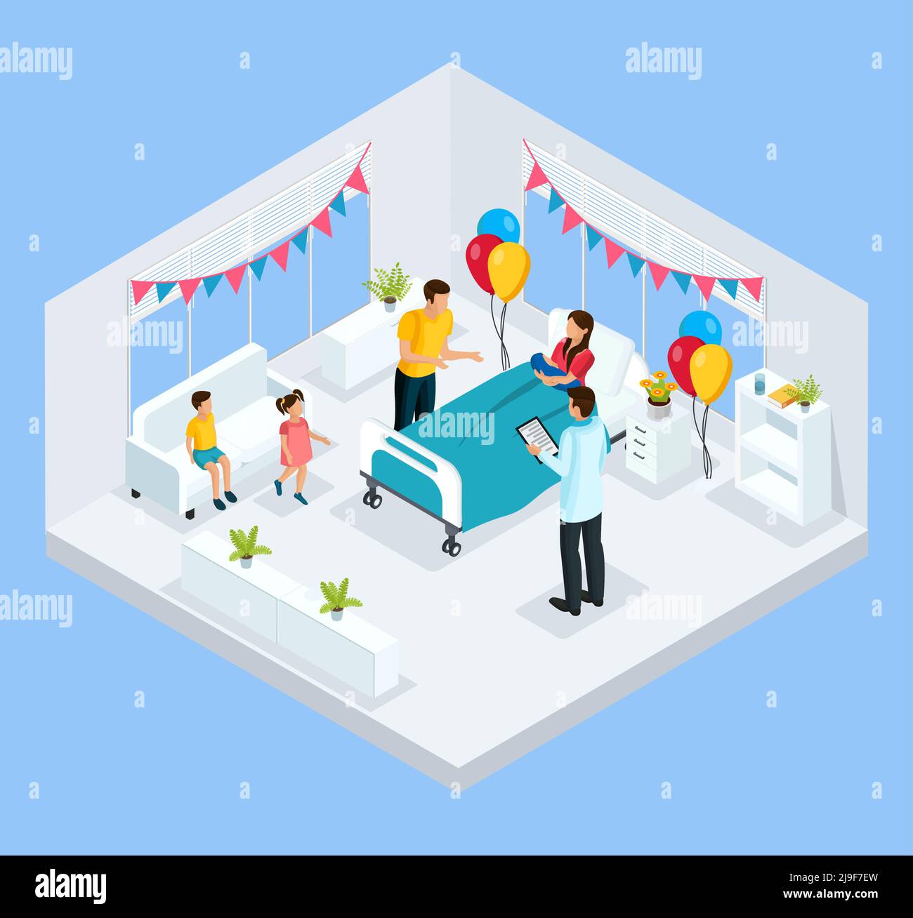 Isometric newborn concept with father kids and doctor congratulate ...
