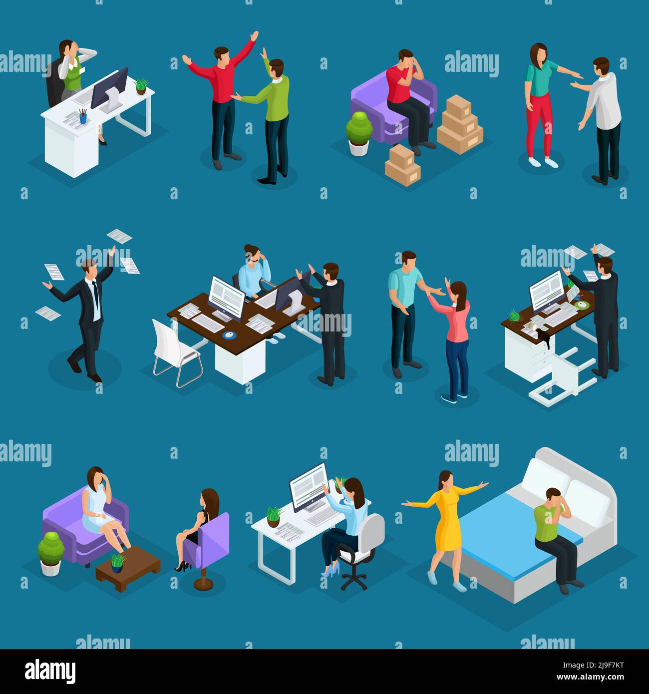 Isometric people and stress set with different stressful situations at ...
