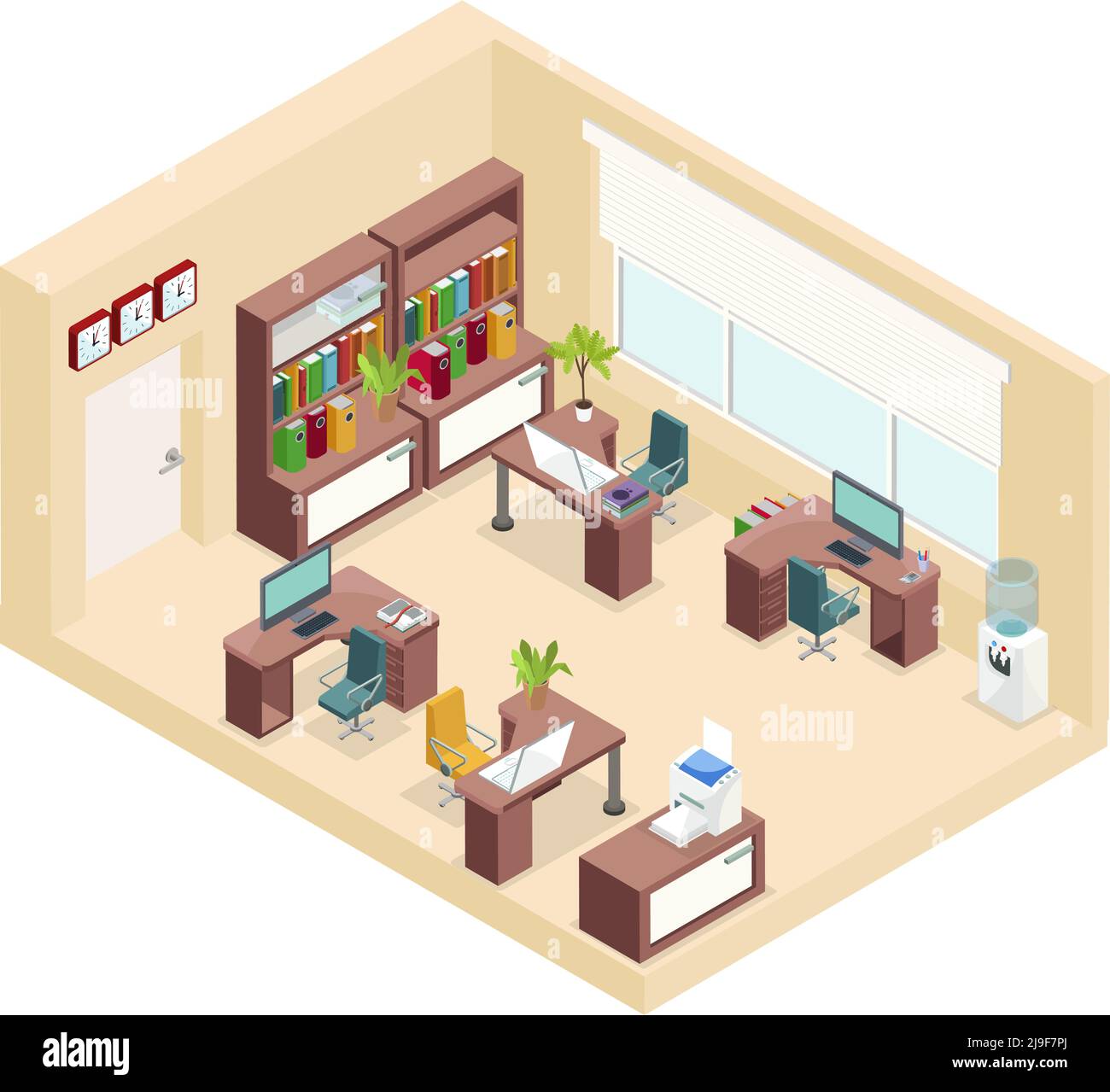 Isometric office workplace concept with tables chairs bookshelf ...