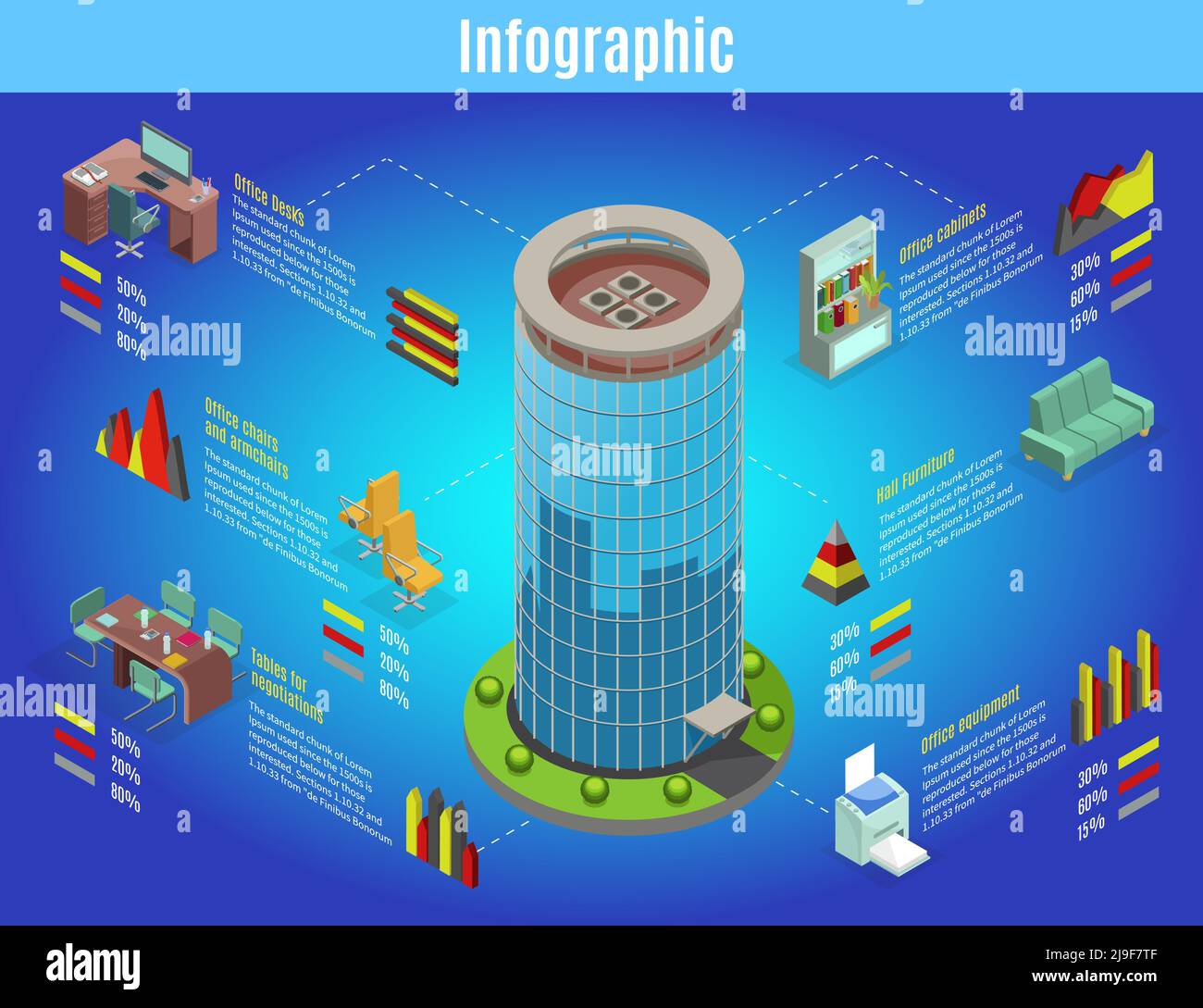 Isometric office interior infographic template with business center ...