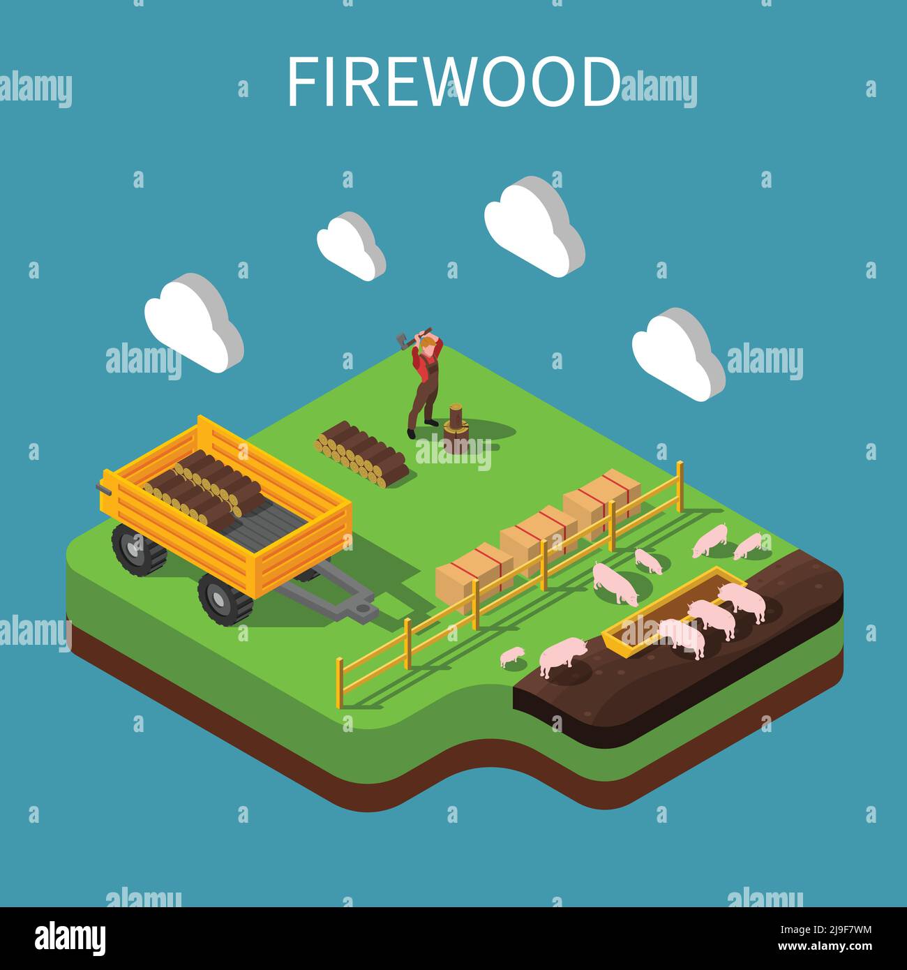 Farmer isometric composition with agricultural worker stabbing firewood ...