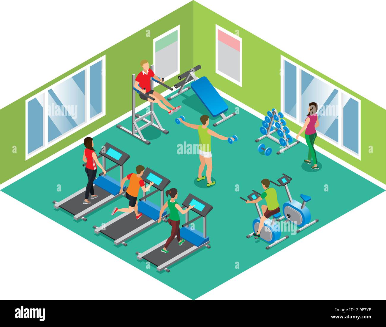 Isometric fitness club concept with athletic men and women exercising ...