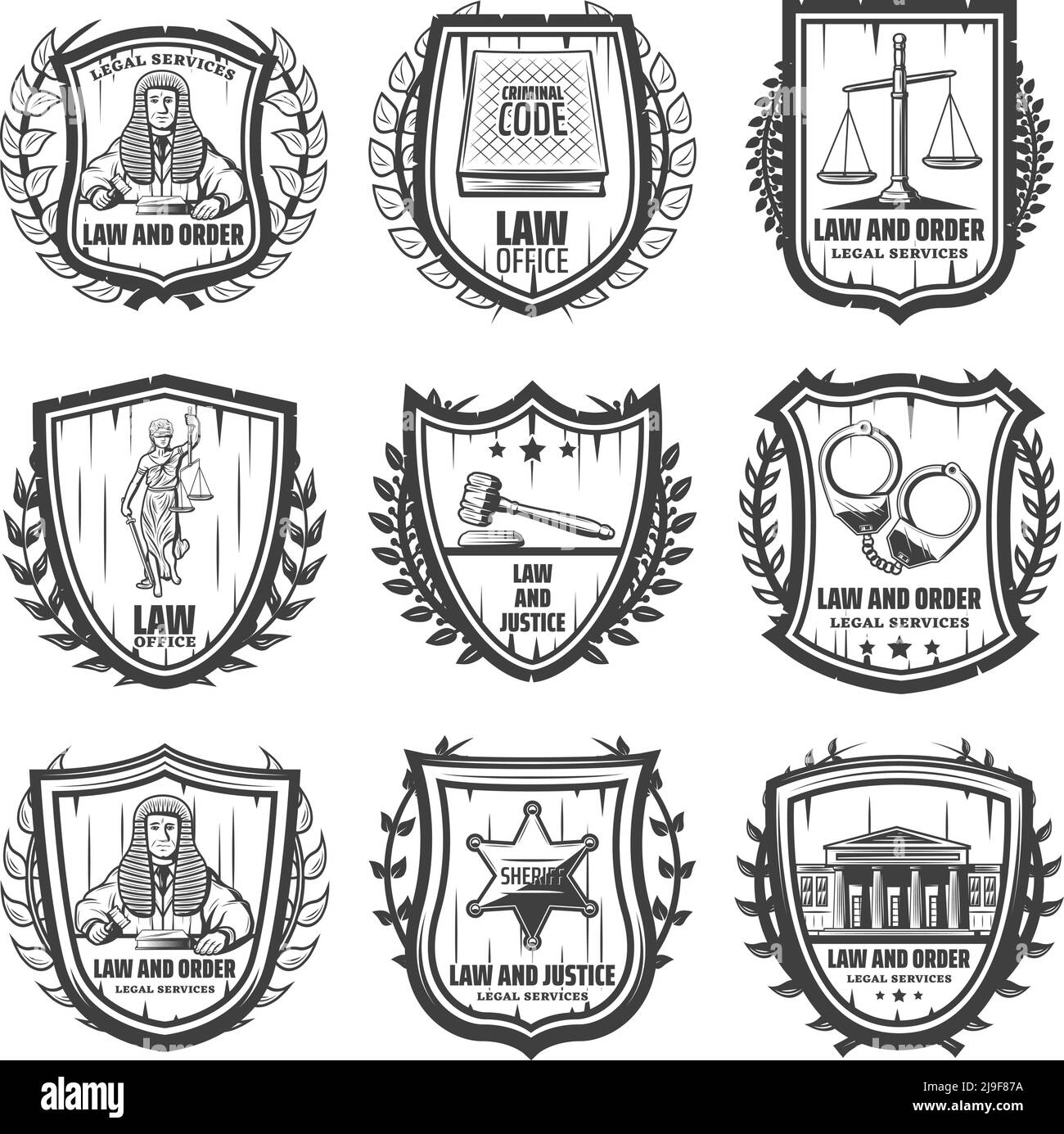 Vintage justice emblems set with judge law book scales Themis statue ...