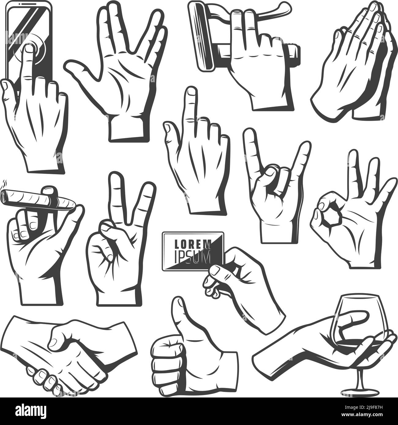 Vintage hands collection with greeting salute praying indicate ok goat ...