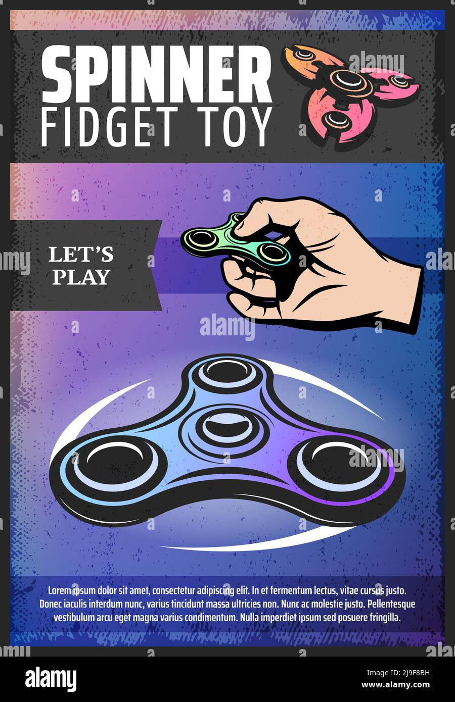 Vintage colored modern spinner poster with hand rotating and rolling ...