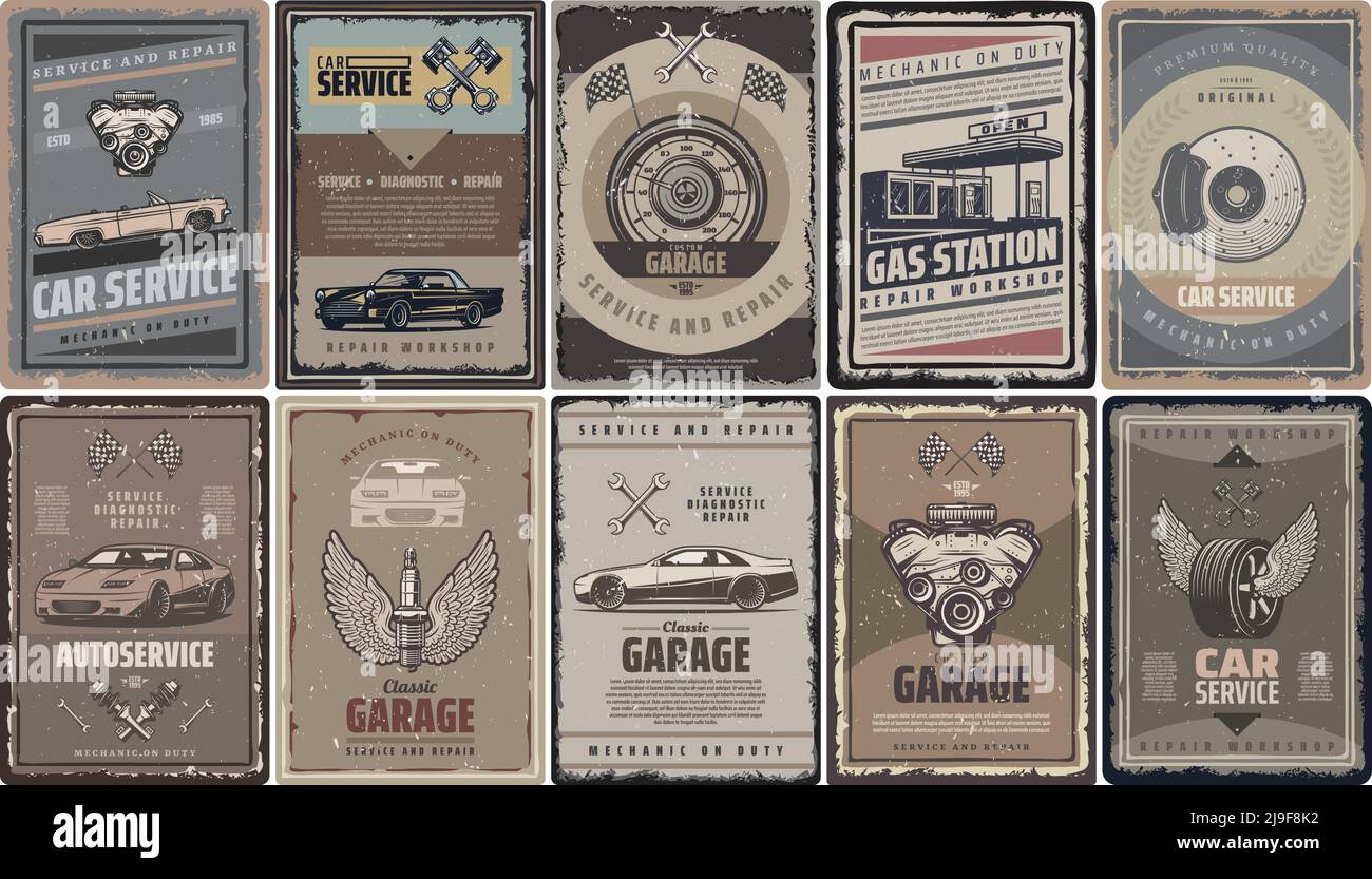 Vintage car service brochures collection with retro automobiles engine ...