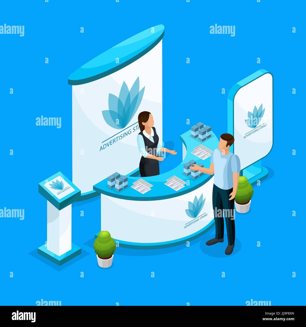 Isometric advertising stands concept with worker consulting client ...