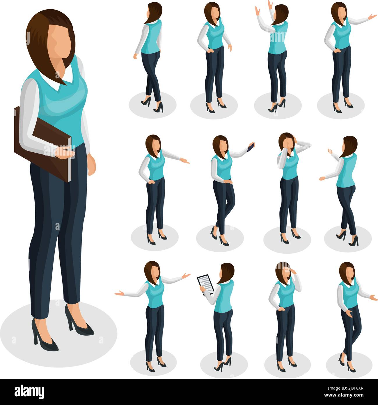 Isometric business woman set with businesswoman wearing office clothes ...