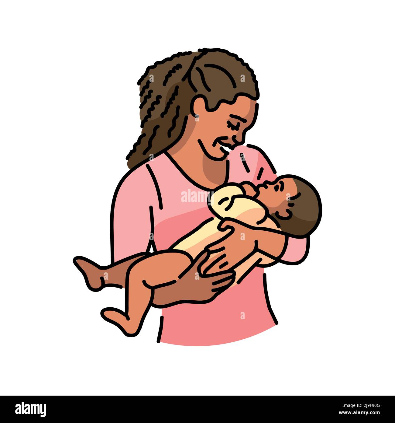 Cute african american mother with baby color line illustration. LGBT ...