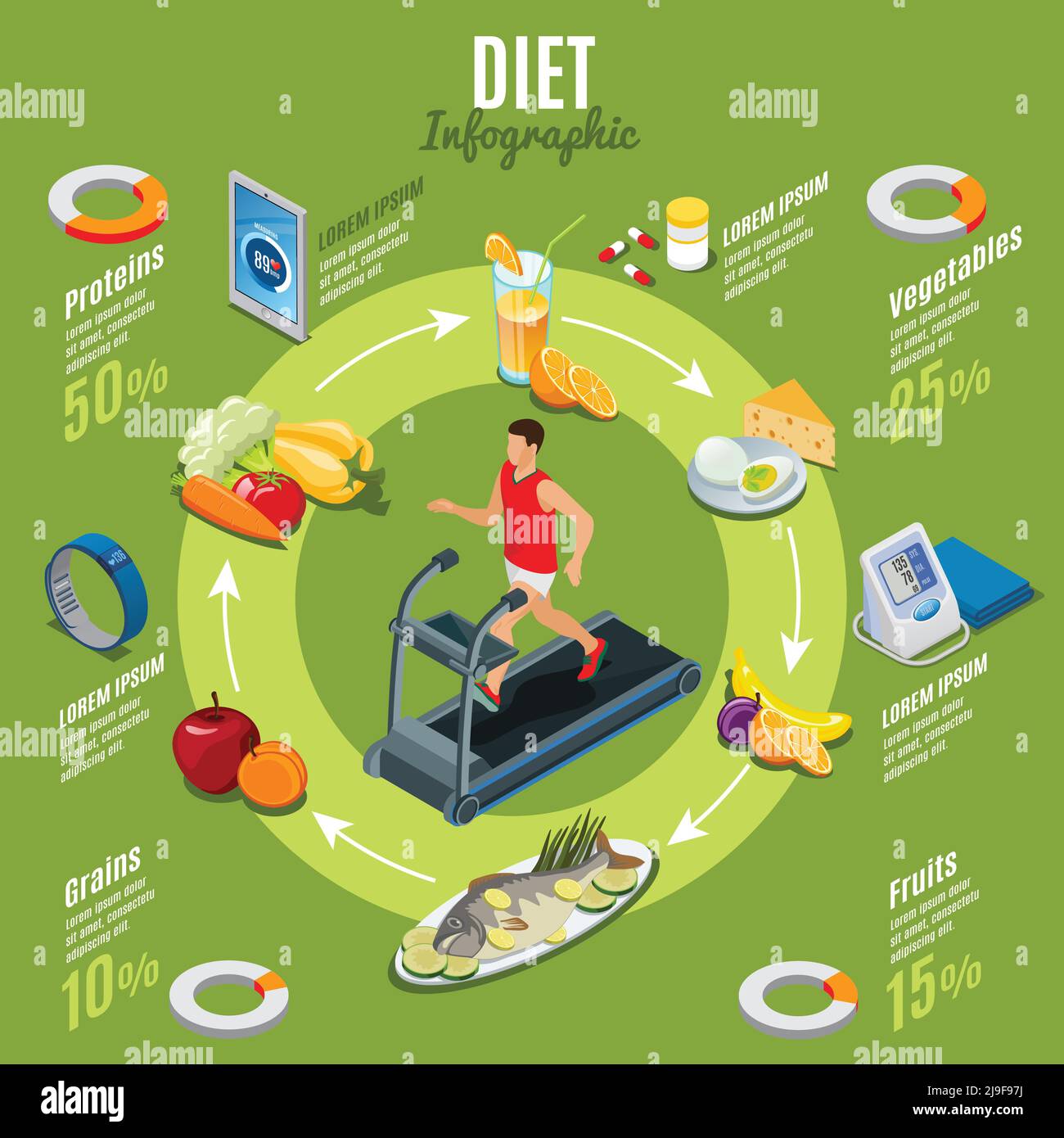 Isometric diet infographic concept with man running on treadmill ...
