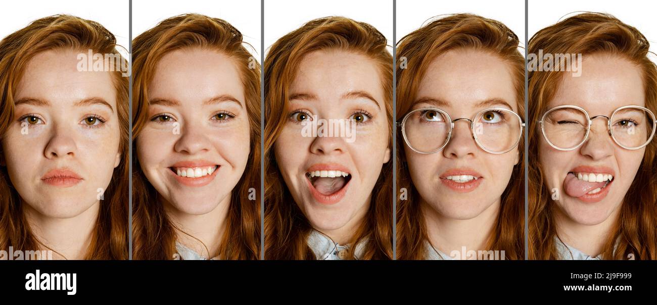 Set of young red-headed woman's portraits with different emotions ...