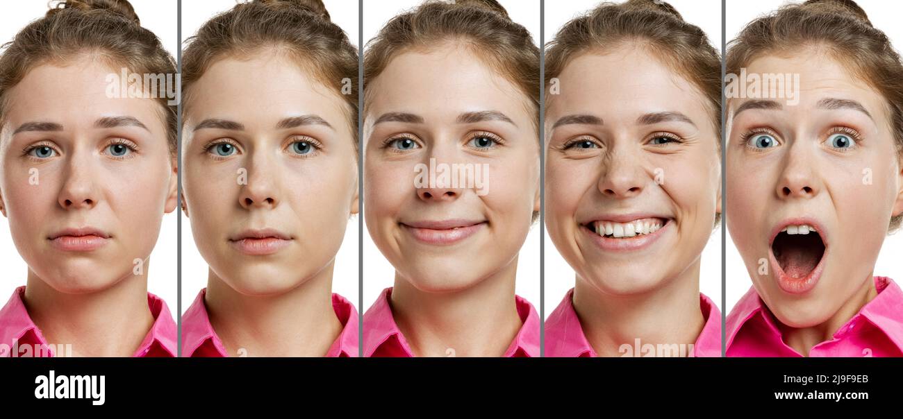 Set of young charming girl's portraits with different emotions. Closeup ...