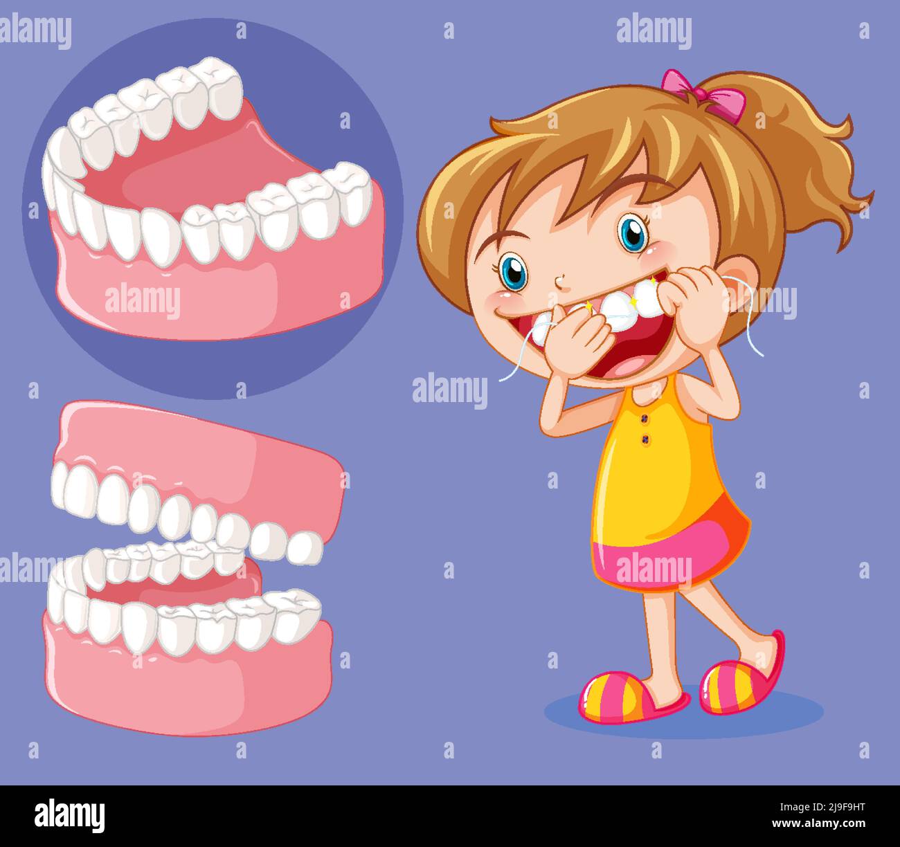 Cute girl cartoon character flossing teeth illustration Stock Vector ...
