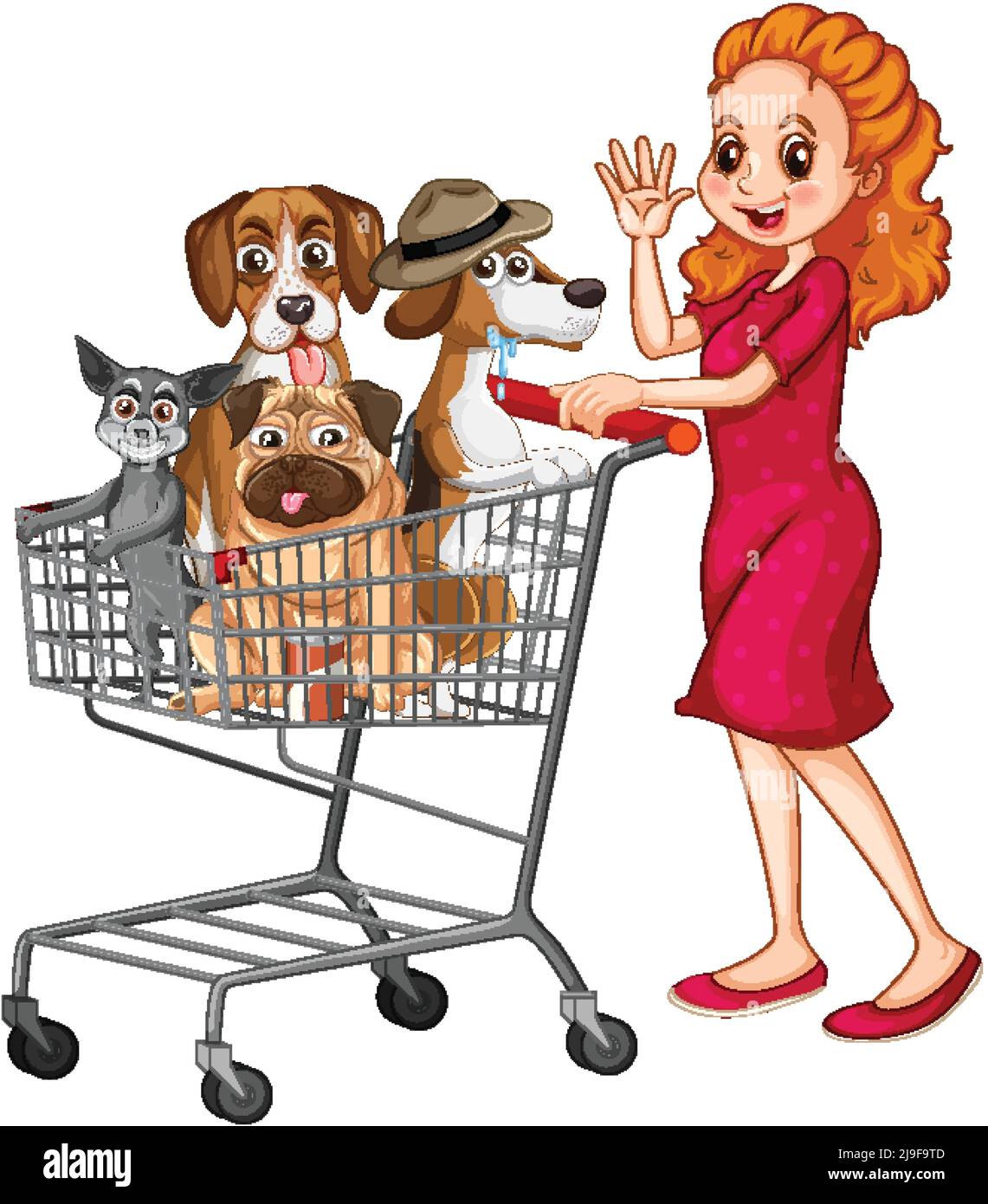 Domestic dogs in shopping cart and a woman illustration Stock Vector ...