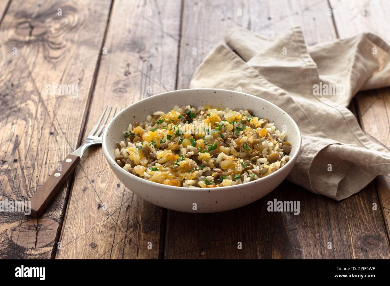 Traditional Middle Eastern dish, Mujadara of lentils, rice and fried ...
