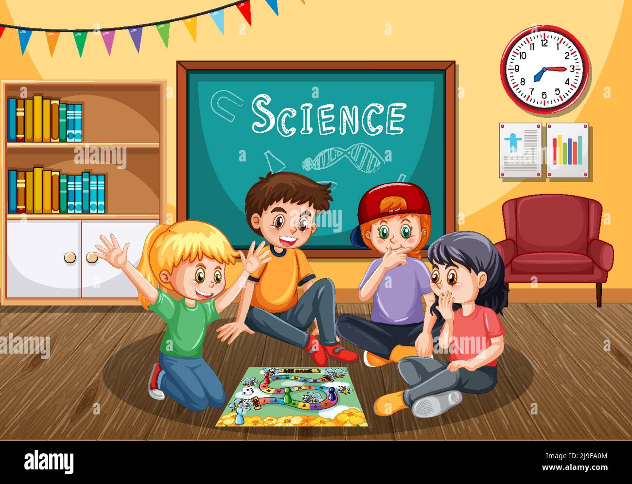 Children playing boardgame in classroom illustration Stock Vector Image ...