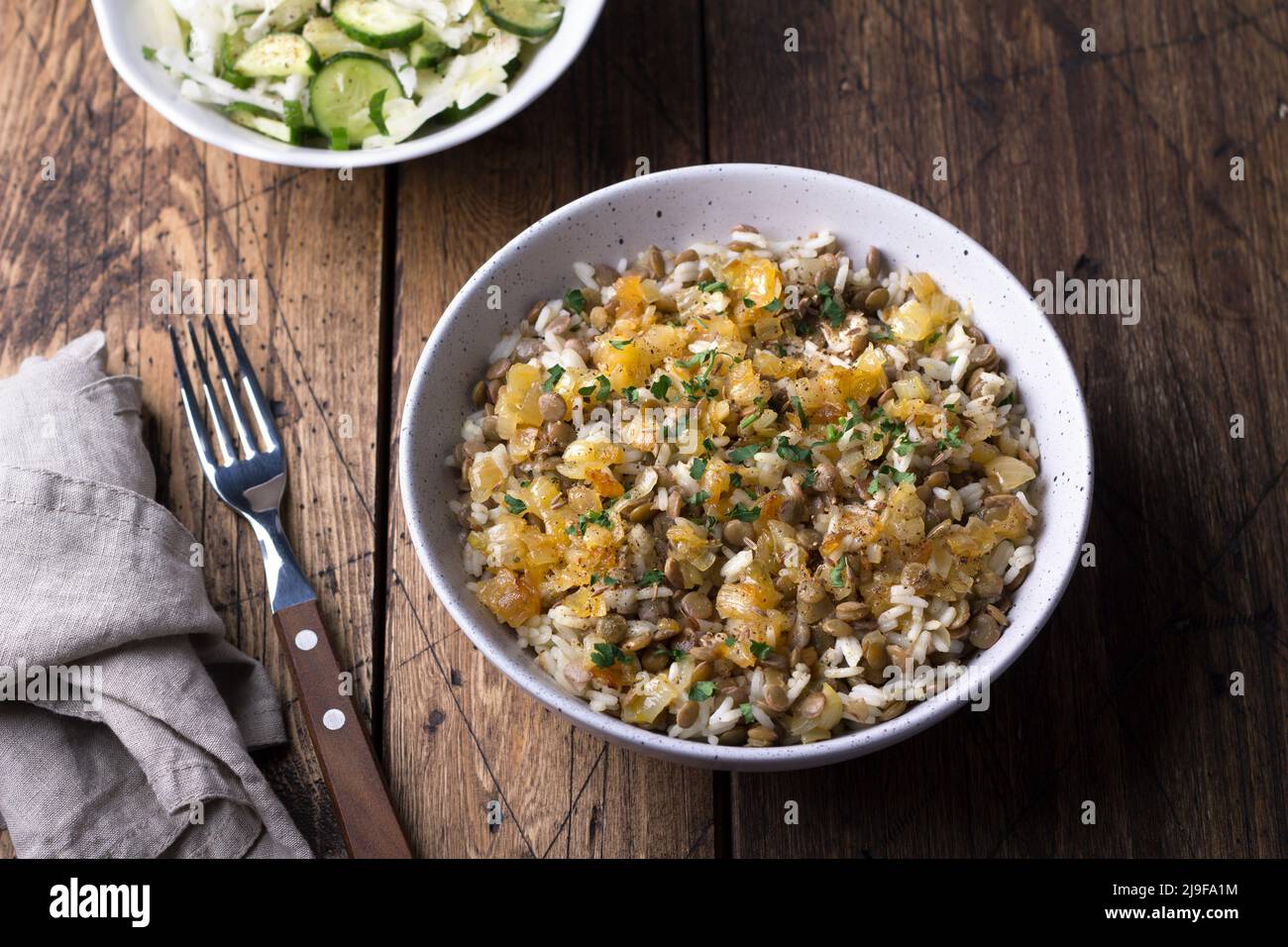 Traditional Middle Eastern dish, Mujadara of lentils, rice and fried ...