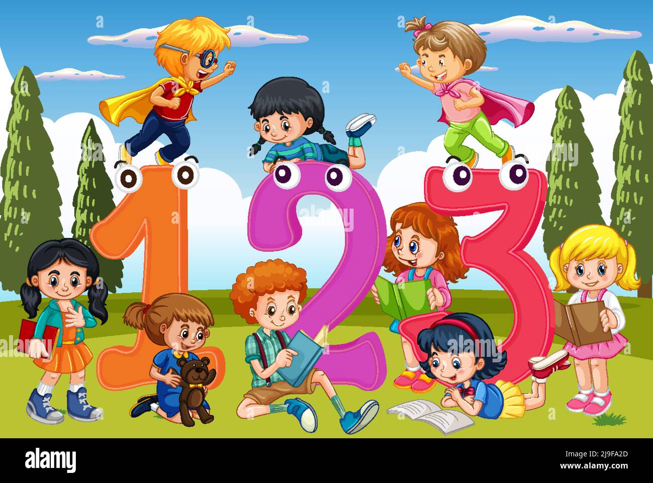 A children are playing and reading books in scene with Number ...