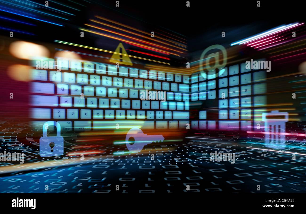 Colorful digital security concept binary code and neon keyboard moving and blurred by motion ...