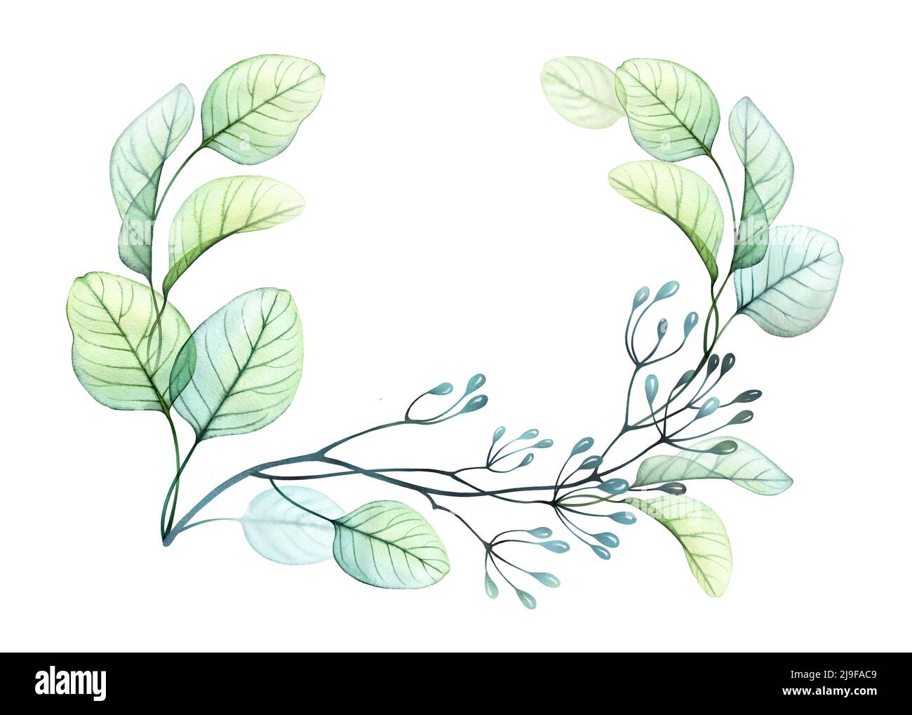 Watercolor leaves wreath. Greenery in round circle shape. Hand drawn ...