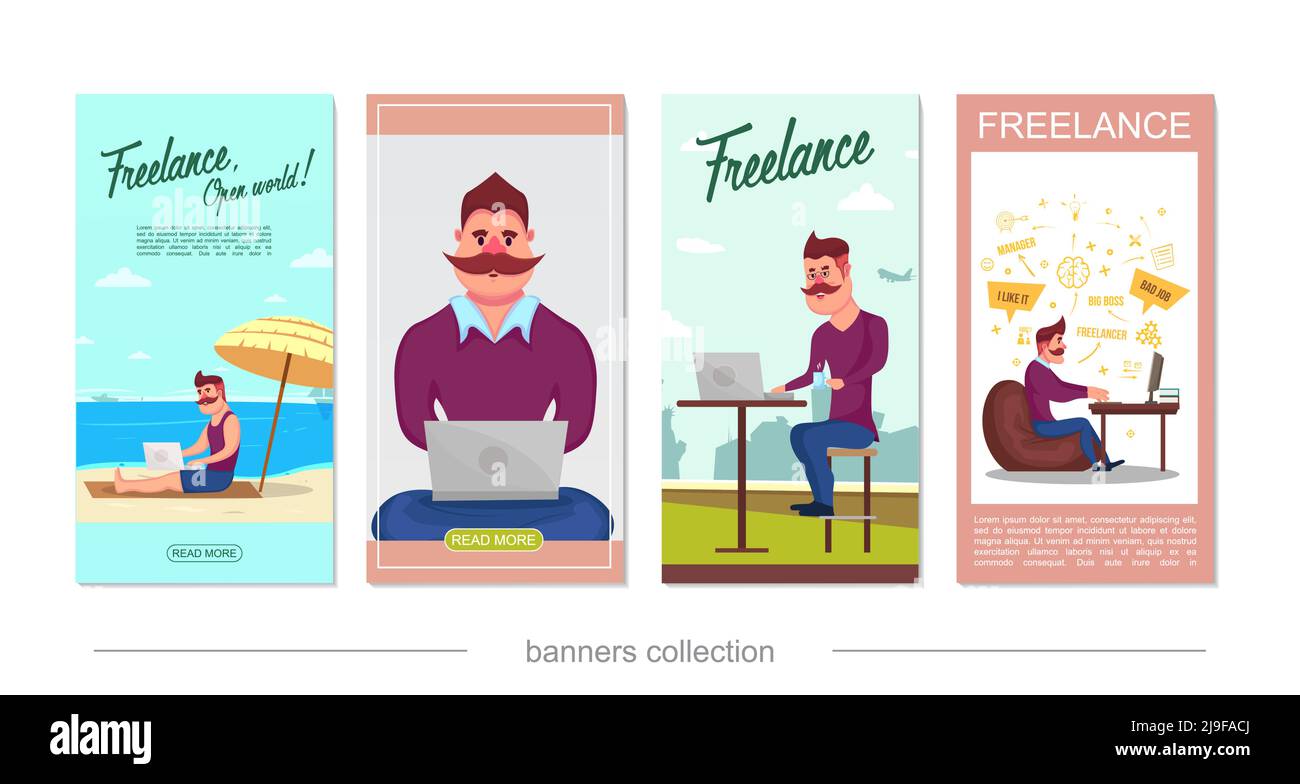 Flat freelance vertical banners with moustached freelancer working on ...