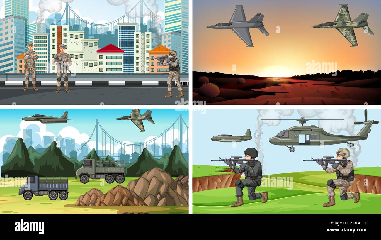 Set of different army war scenes illustration Stock Vector Image & Art ...