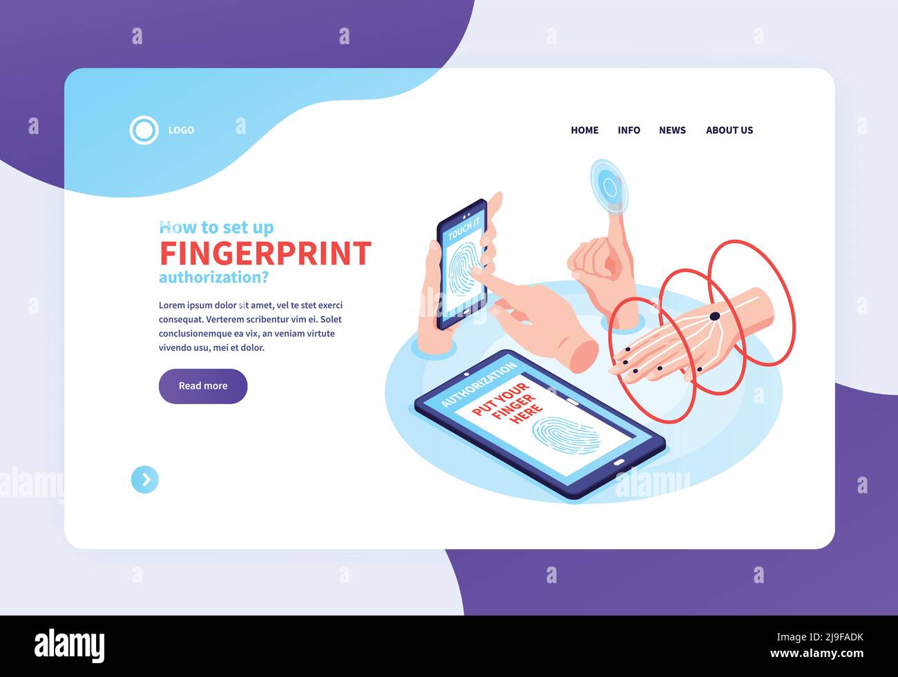 Isometric biometric identification concept banner web site landing page with clickable links and ...