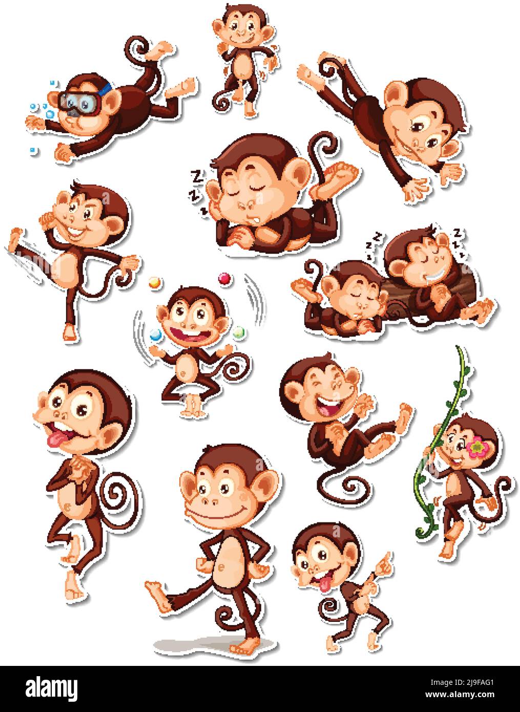 Sticker set of funny monkey cartoon characters illustration Stock ...