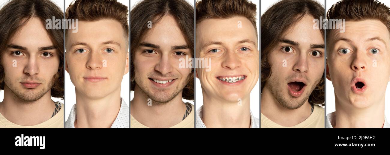 Set of closeup portraits of two young men with different emotions ...