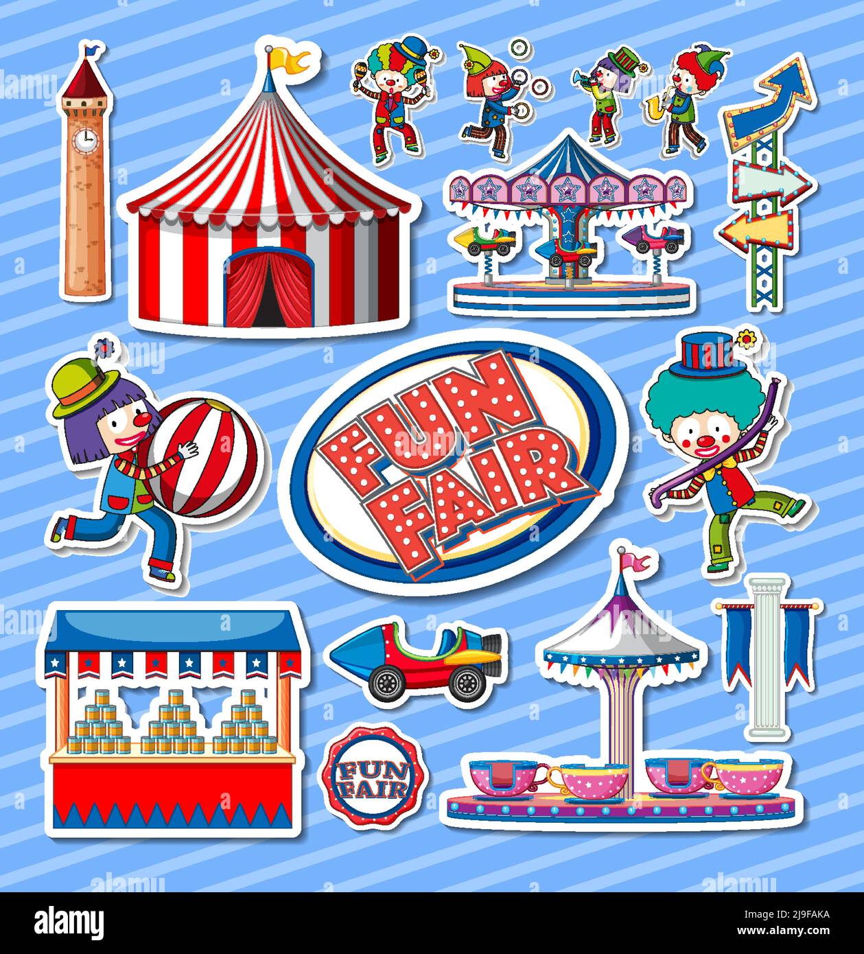 Sticker set of amusement park objects and cartoon characters ...