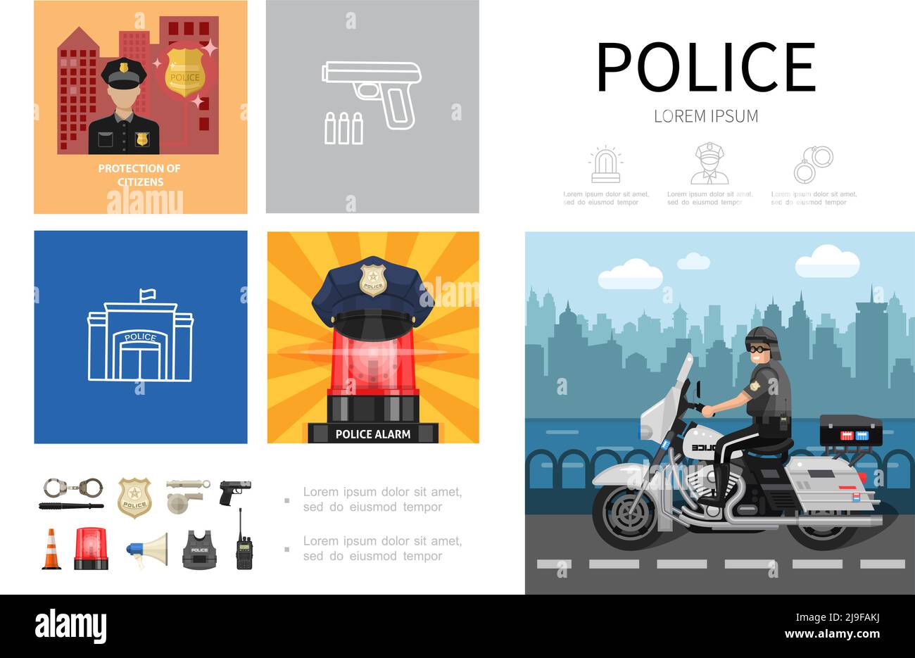 Flat police infographic concept with policeman riding motorcycle hat on ...