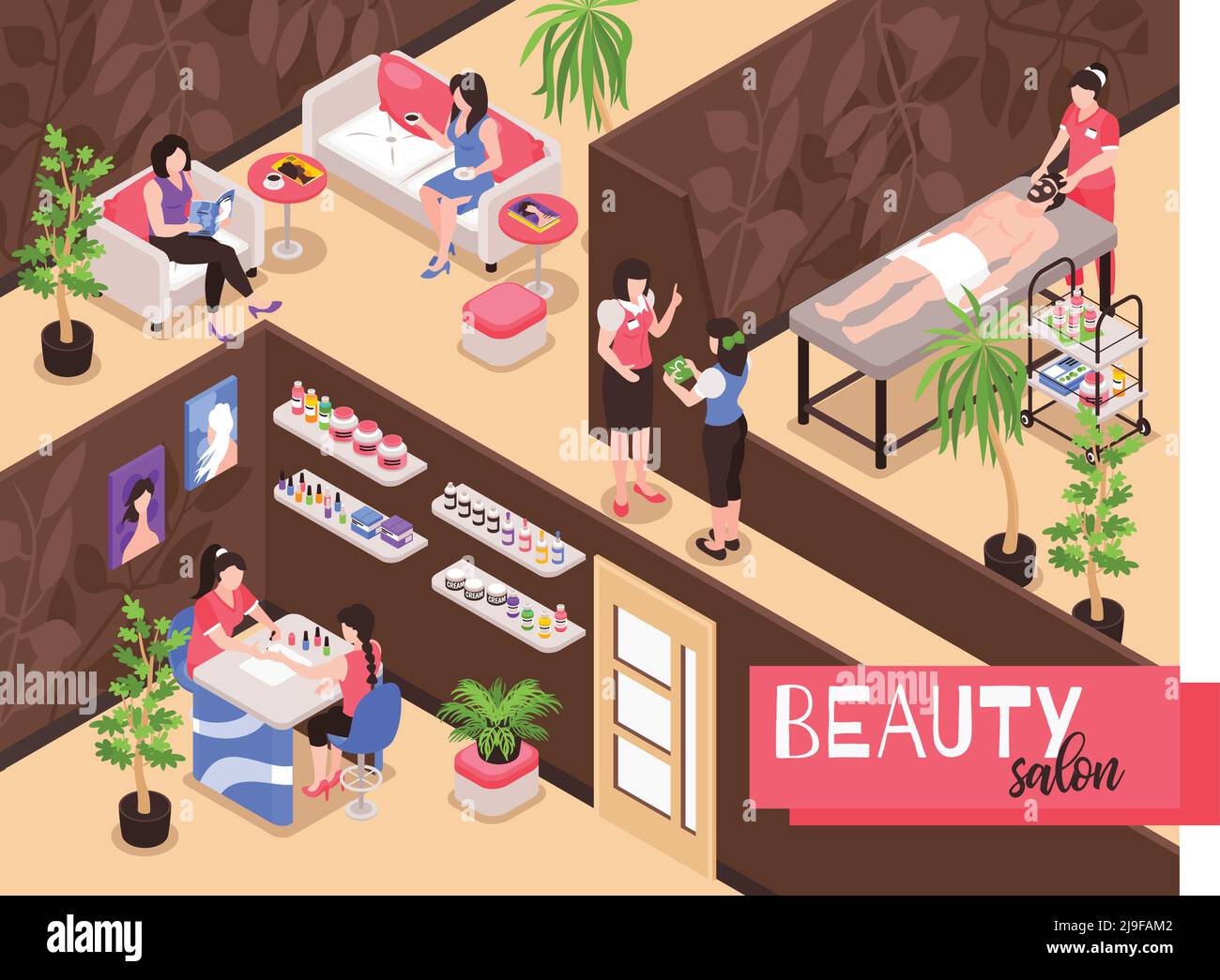 Isometric beauty salon background composition with indoor view of spa ...