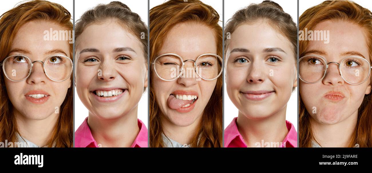 Set of two young charming girls' portraits with different emotions ...