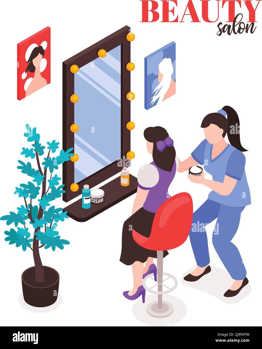 Isometric beauty salon composition with text and characters of woman ...