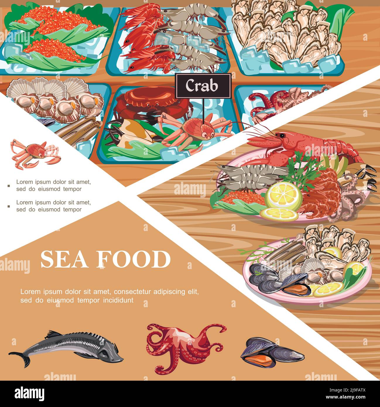 Flat seafood template with plates of sea food sturgeon octopus mussels ...