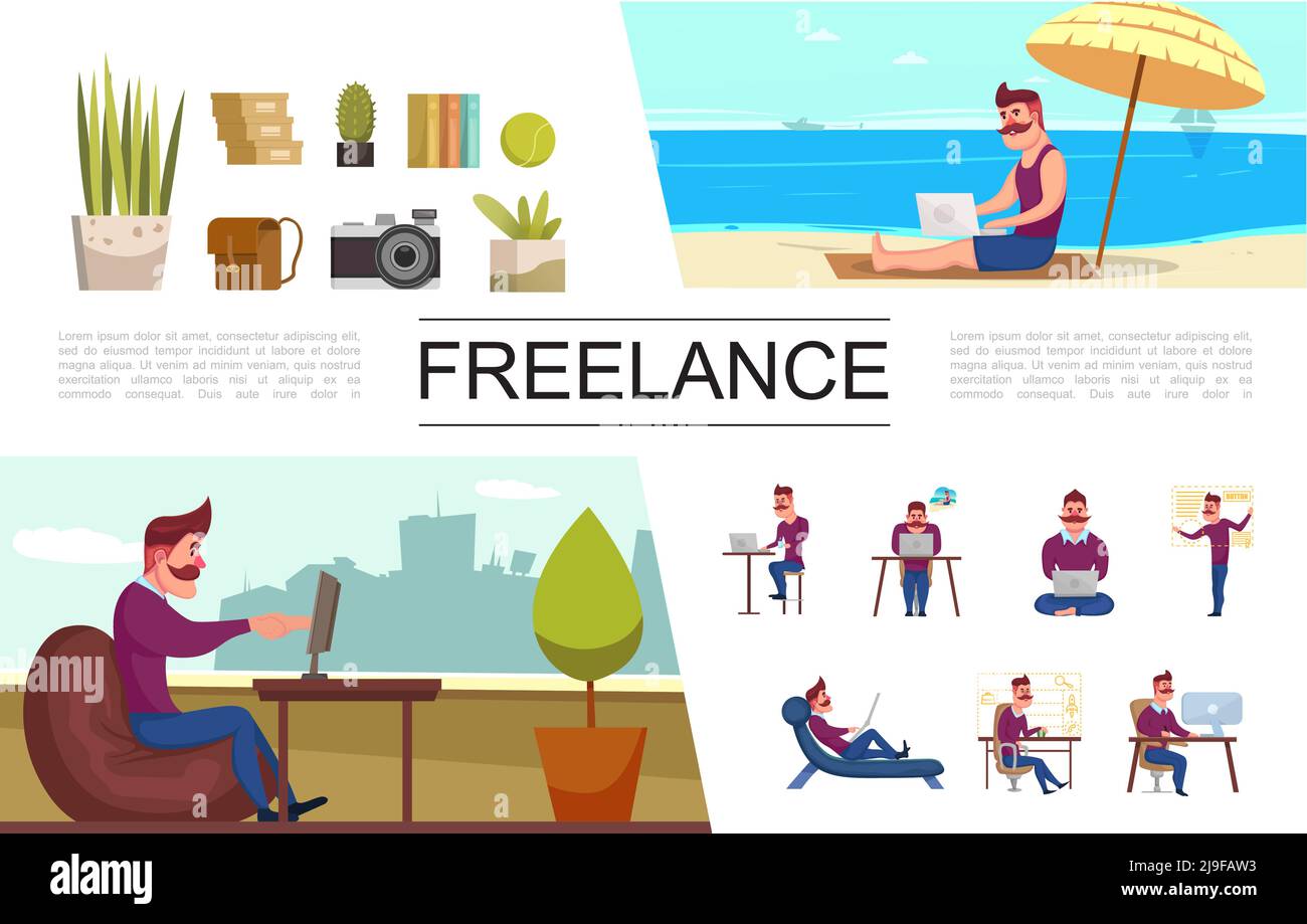 Flat freelance elements set with freelancer working at office and on ...