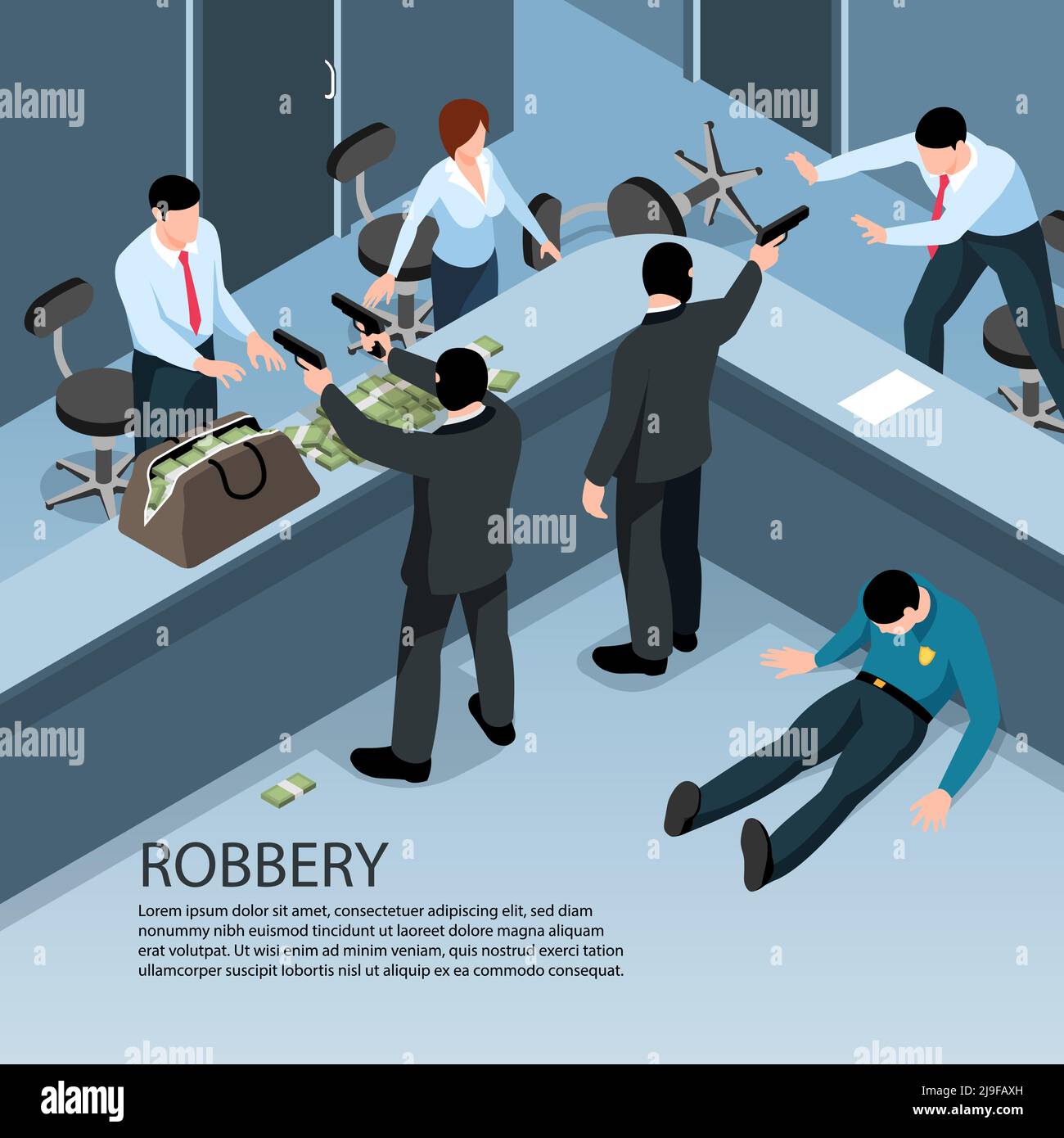 Isometric criminal background with indoor scenery of robbery characters ...