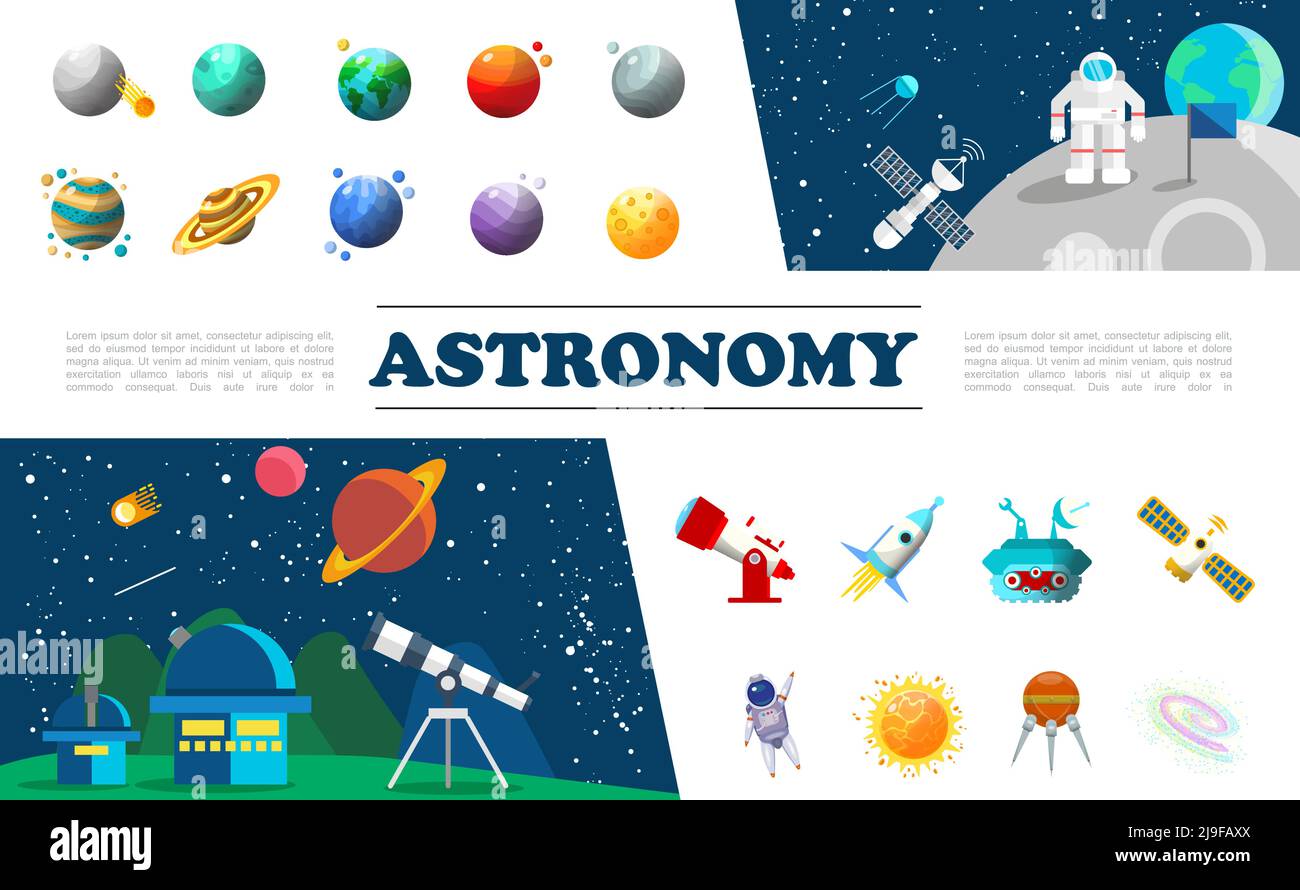 Flat universe elements colorful set with different planets astronaut in ...