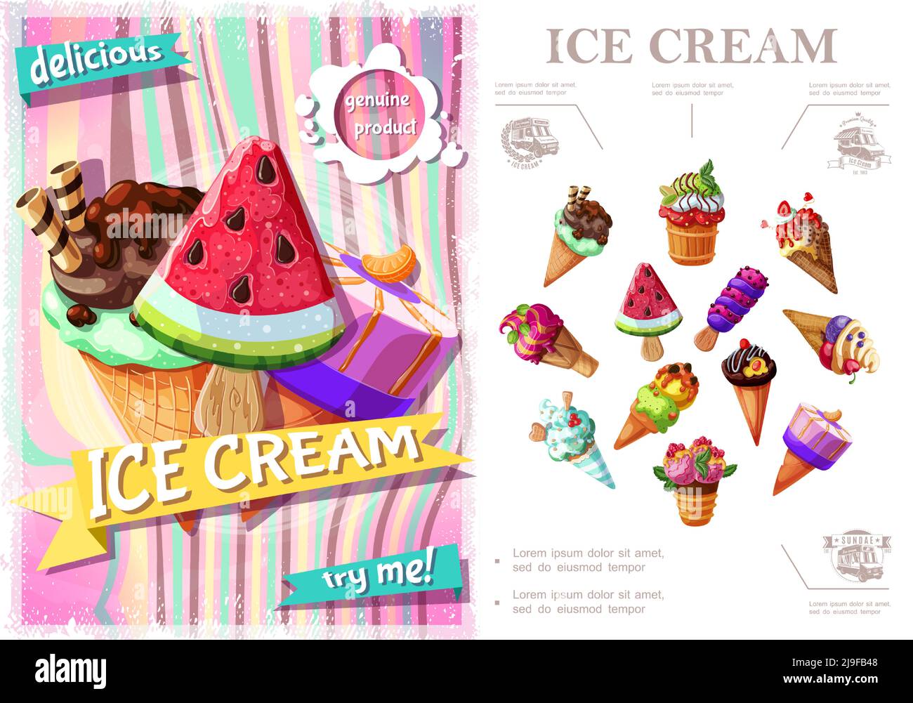 Fresh ice cream colorful concept with icecreams of different sorts and ...