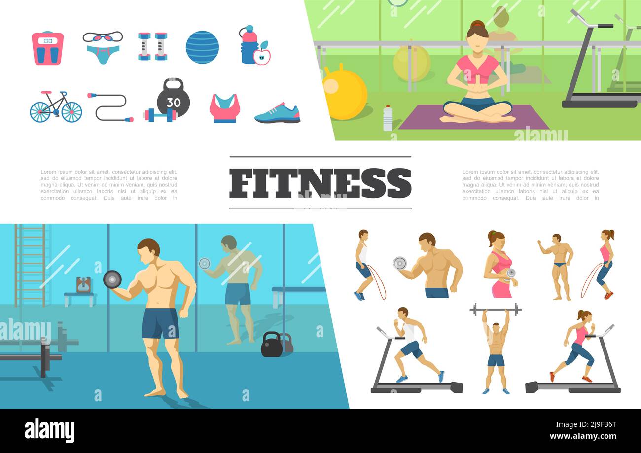 Flat fitness elements collection with man and woman doing physical ...