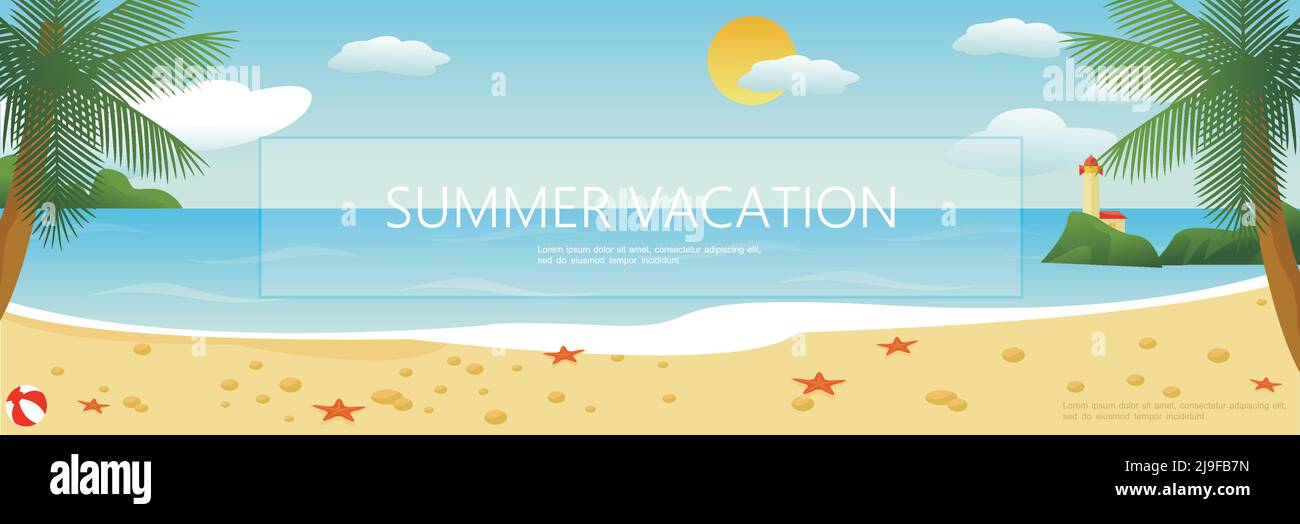 Flat tropical beach colorful background with starfishes palm trees volleyball ball lighthouse on ...