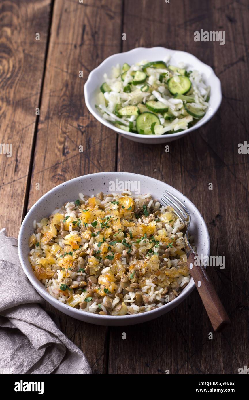 Traditional Middle Eastern dish, Mujadara of lentils, rice and fried ...