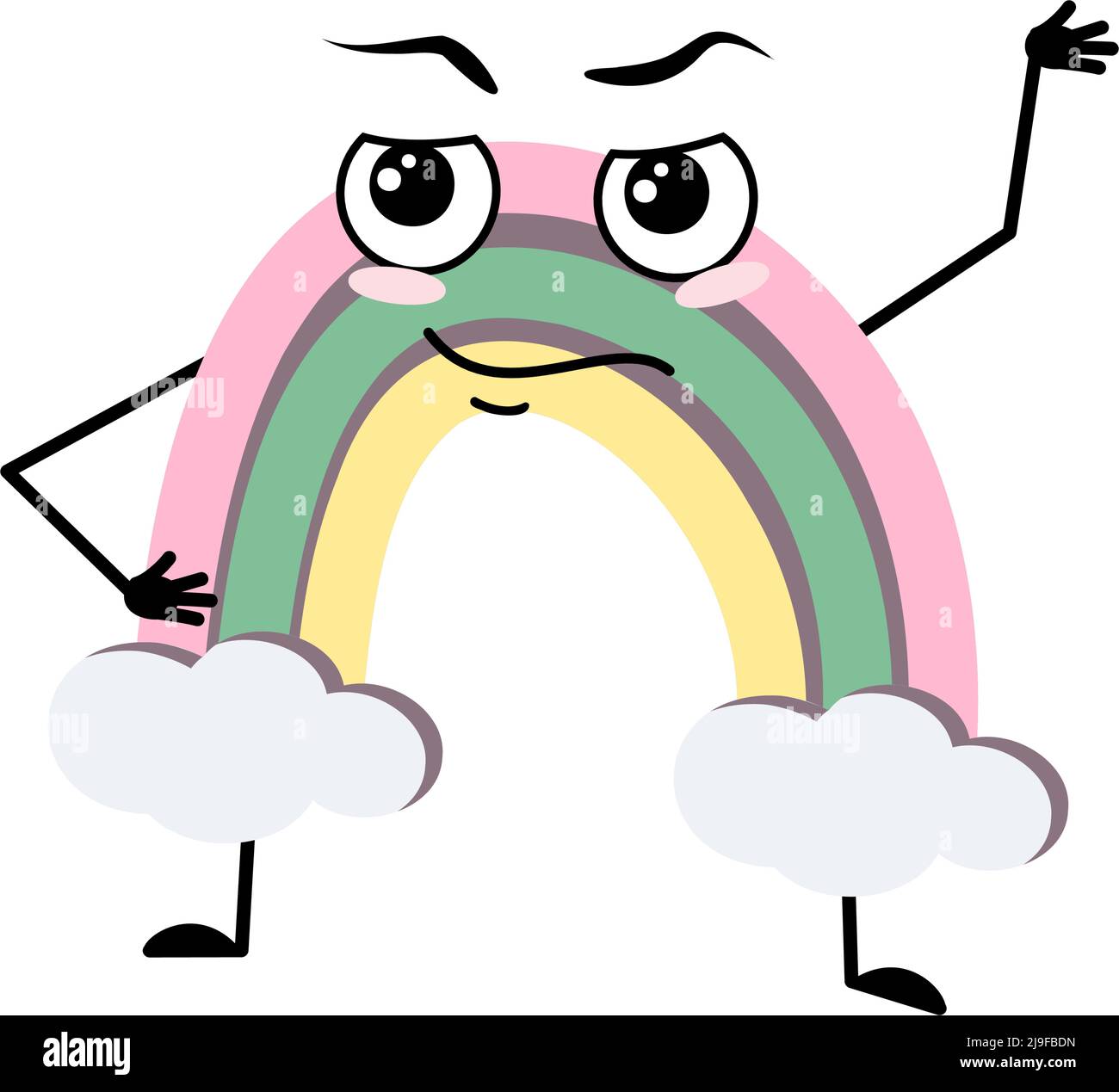 Cute rainbow character with emotions of hero, brave face, arms and leg ...