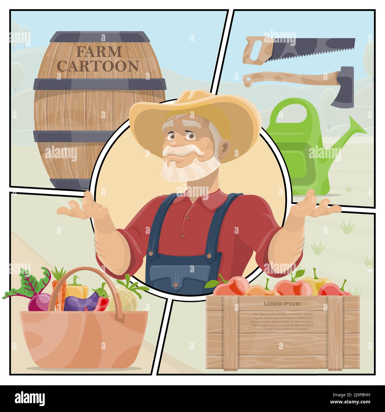 Cartoon farm colorful composition with ax saw watering can wooden ...